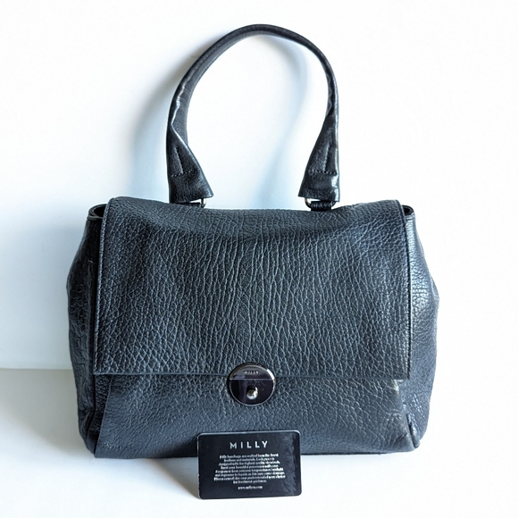 Milly | Bags | Milly Top Handle Bag Purse Black Grainy Leather Gunmetal ...